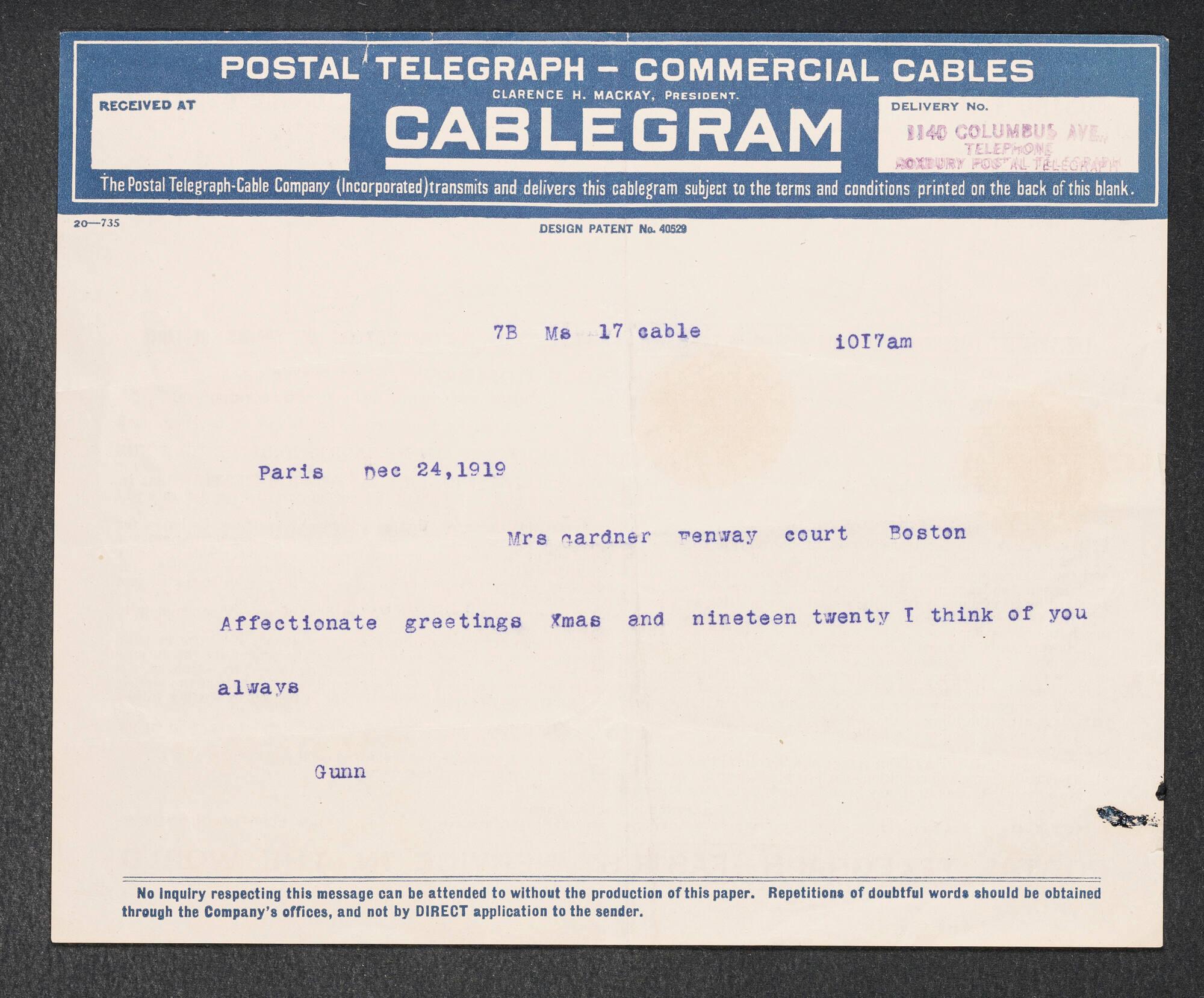 Telegram to Isabella Stewart Gardner from Paris | Isabella Stewart ...