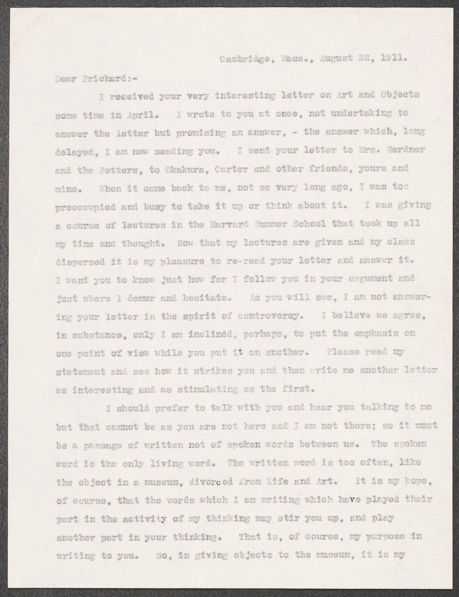 Letter to Matthew Stewart Prichard from Cambridge, Massachusetts ...