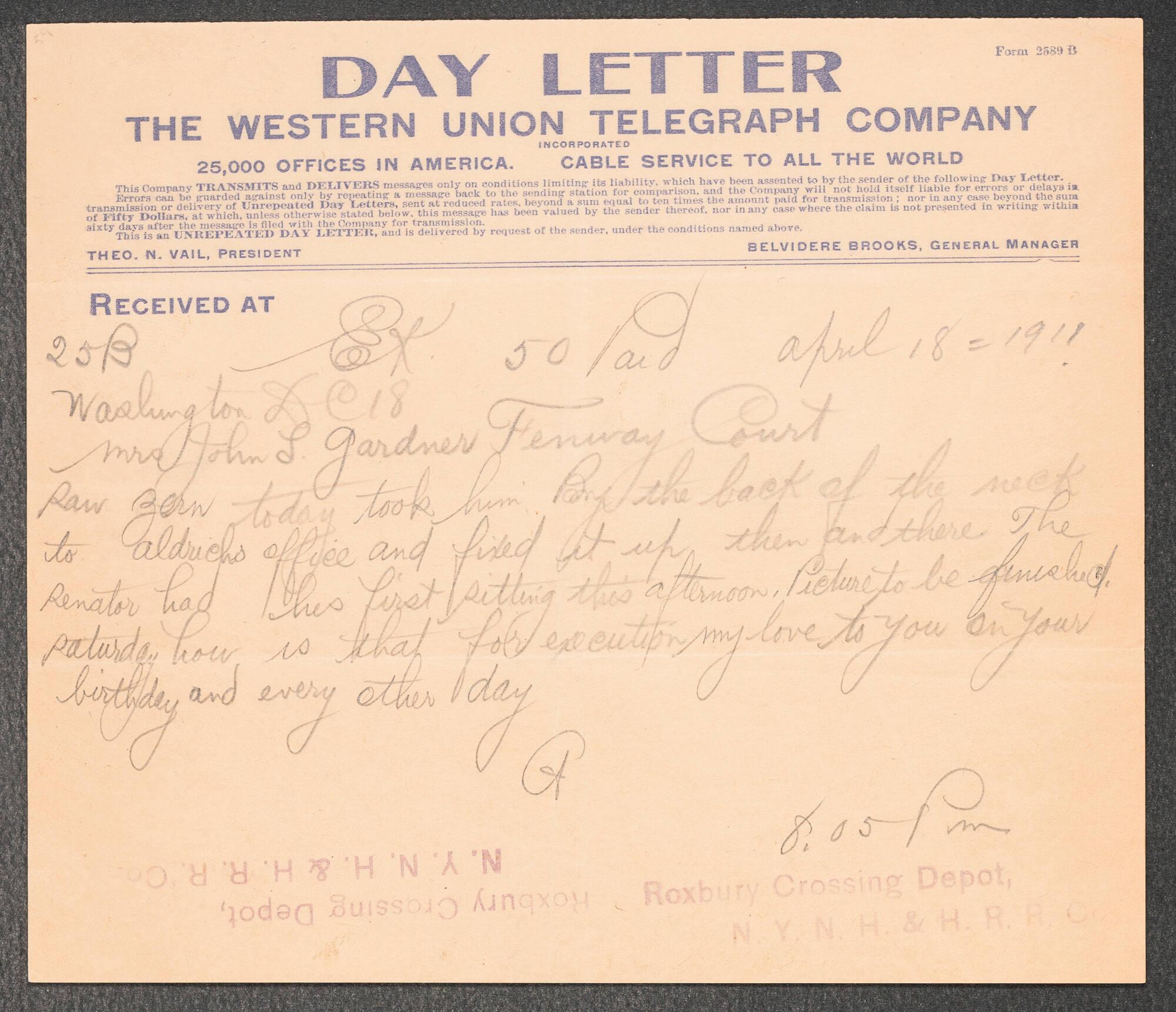 Telegraph to Isabella Stewart Gardner from Washington, D.C. | Isabella ...