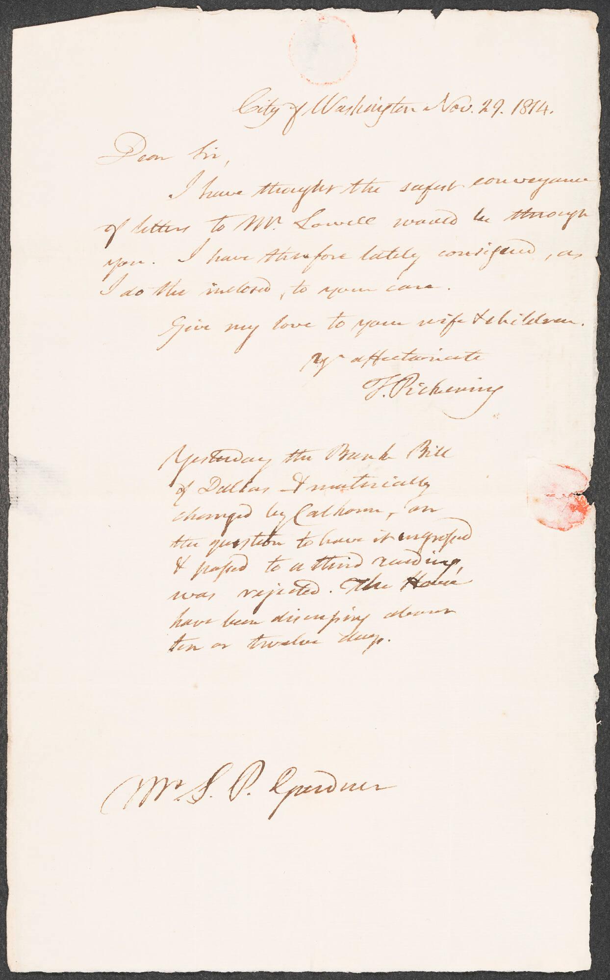 Letter to Samuel Pickering Gardner from Washington, D.C. | Isabella ...