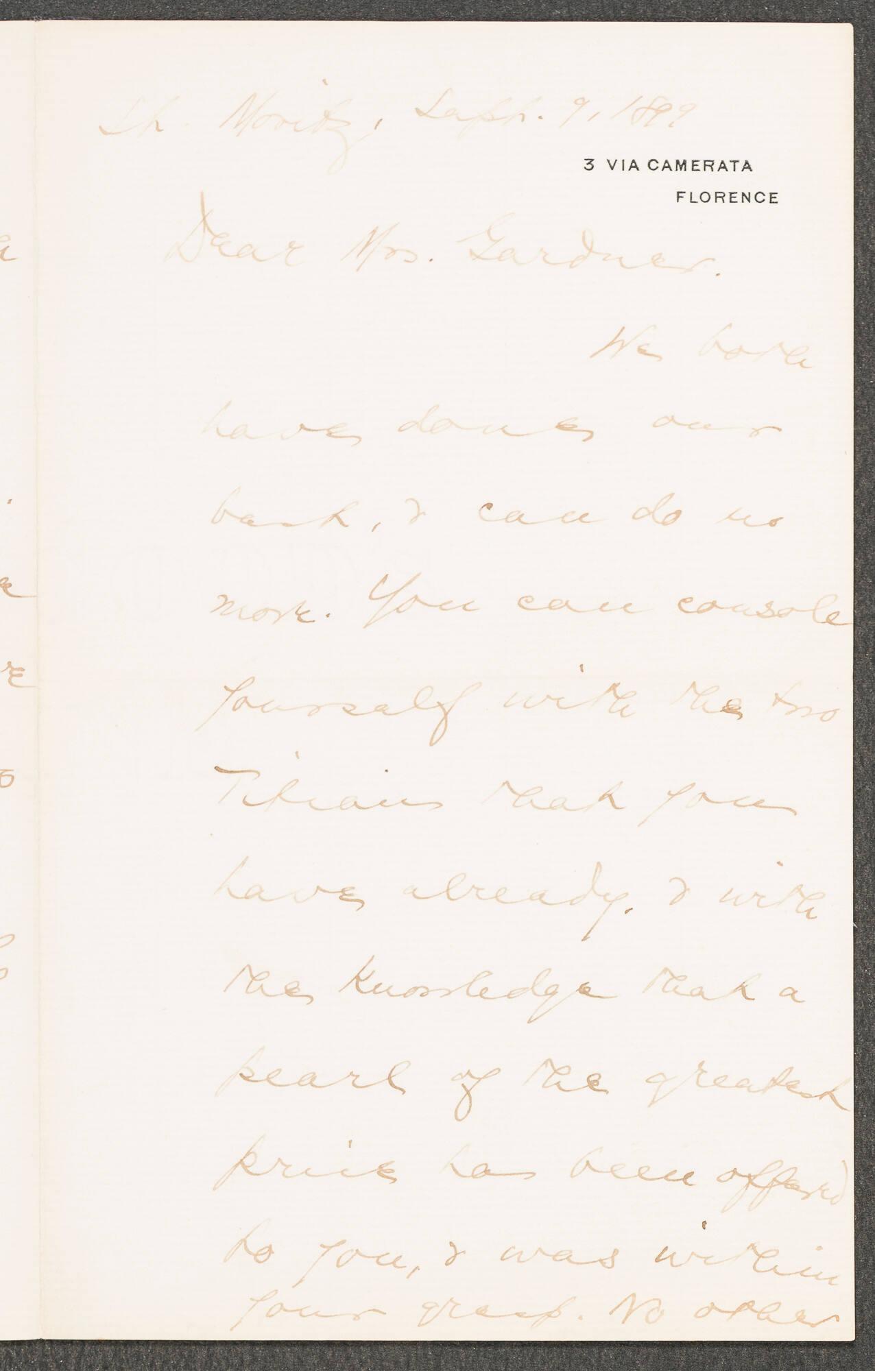Letter to Isabella Stewart Gardner from St. Moritz, Switzerland ...