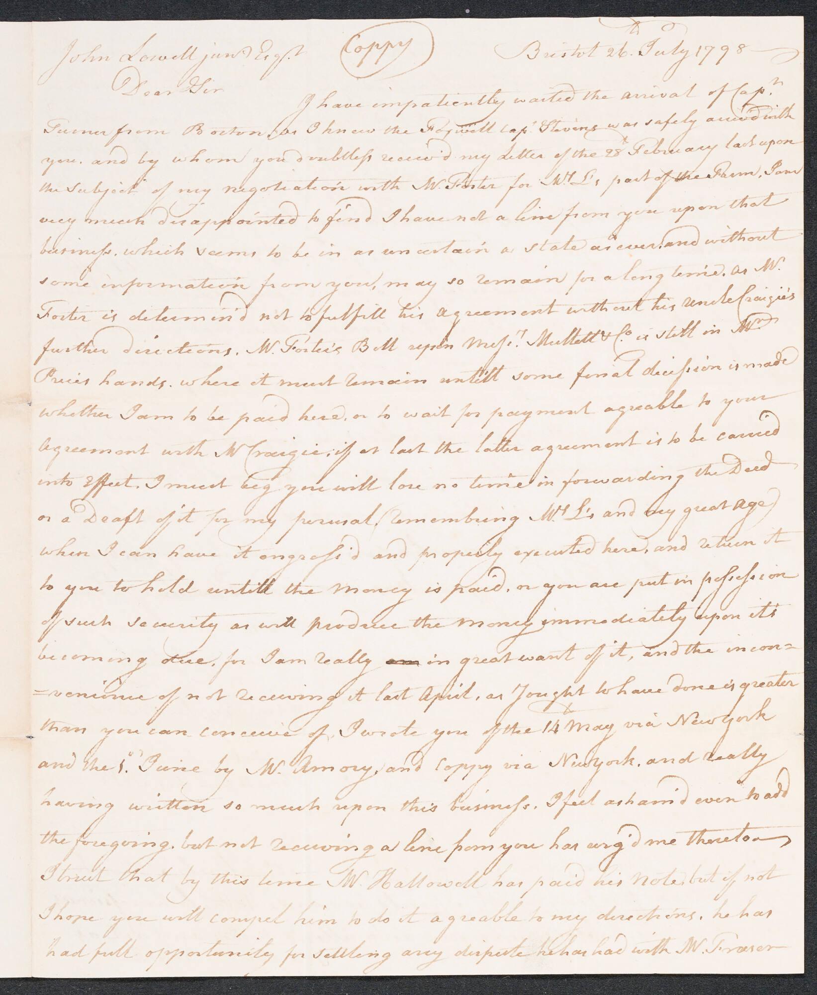 Letter to John Lowell, Jr. from Bristol | Isabella Stewart Gardner Museum