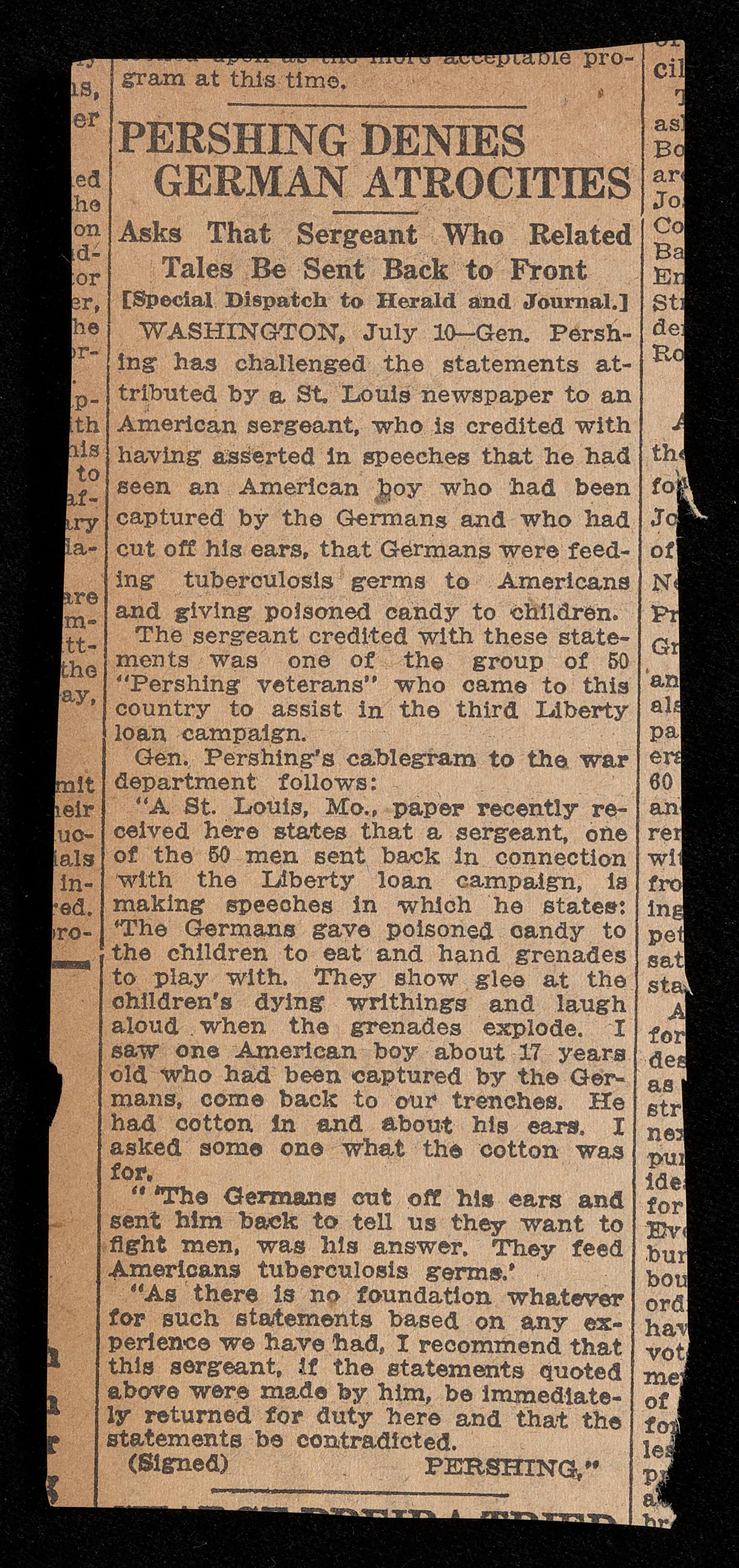 "Pershing Denies German Atrocities" | Isabella Stewart Gardner Museum