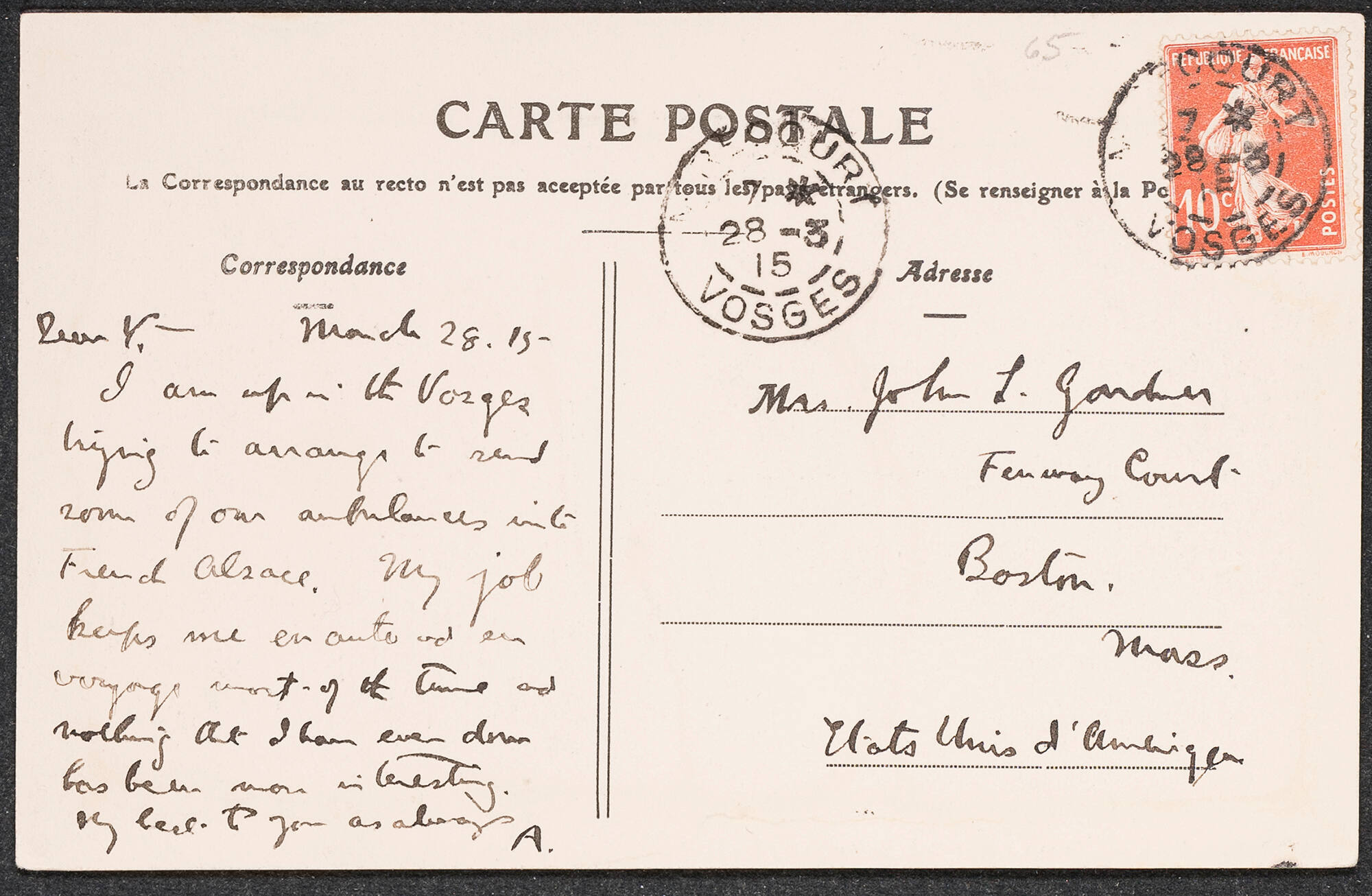Postcard to Isabella Stewart Gardner from Vosges, France | Isabella ...