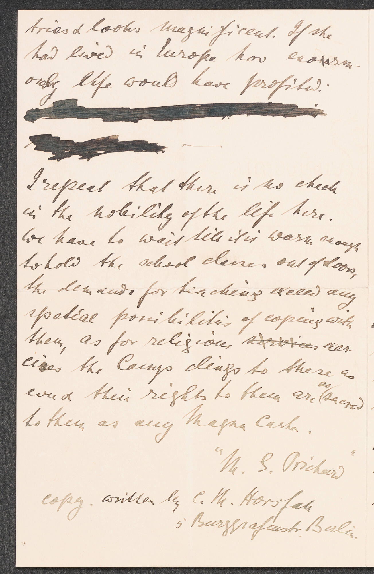 Copy of Portion of Letter to Charles M. Horsfall from Ruhleben, Germany ...
