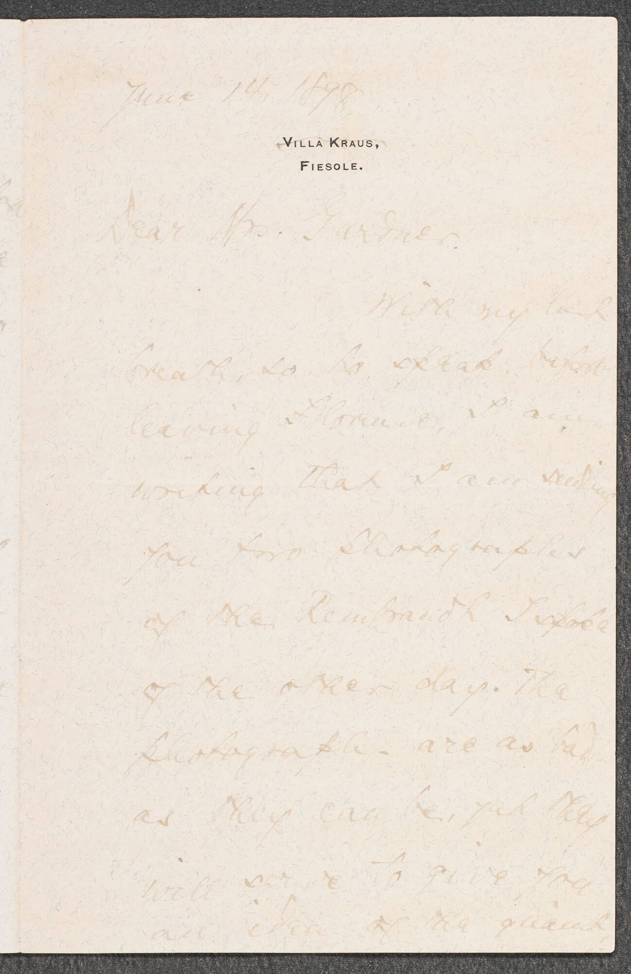 Letter to Isabella Stewart Gardner from Fiesole, Italy | Isabella ...