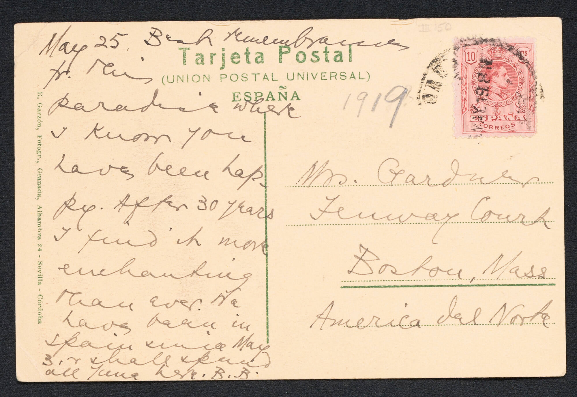 Postcard to Isabella Stewart Gardner from Granada | Isabella Stewart ...