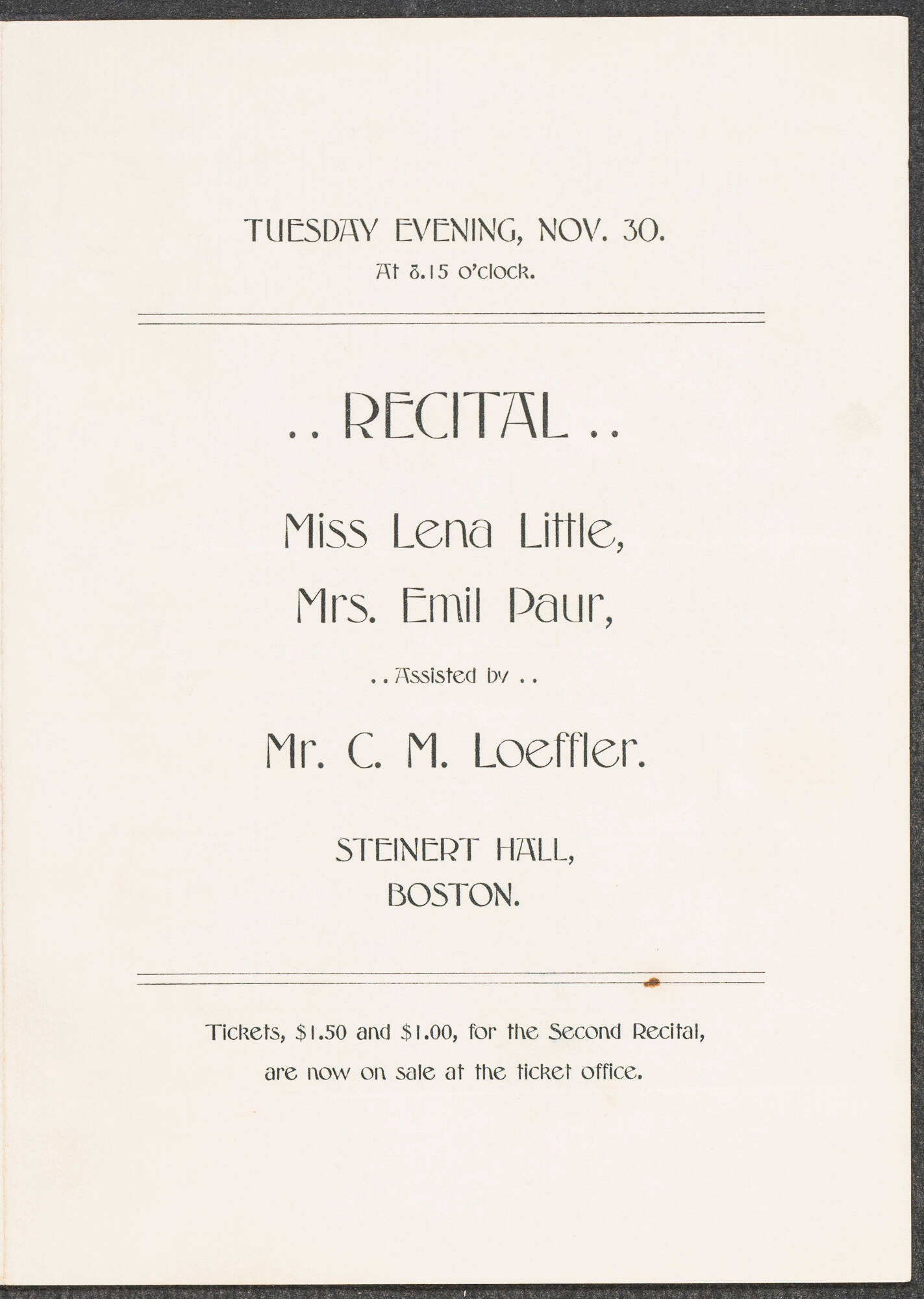 Recital Program, Steinert Hall, Boston | Isabella Stewart Gardner Museum