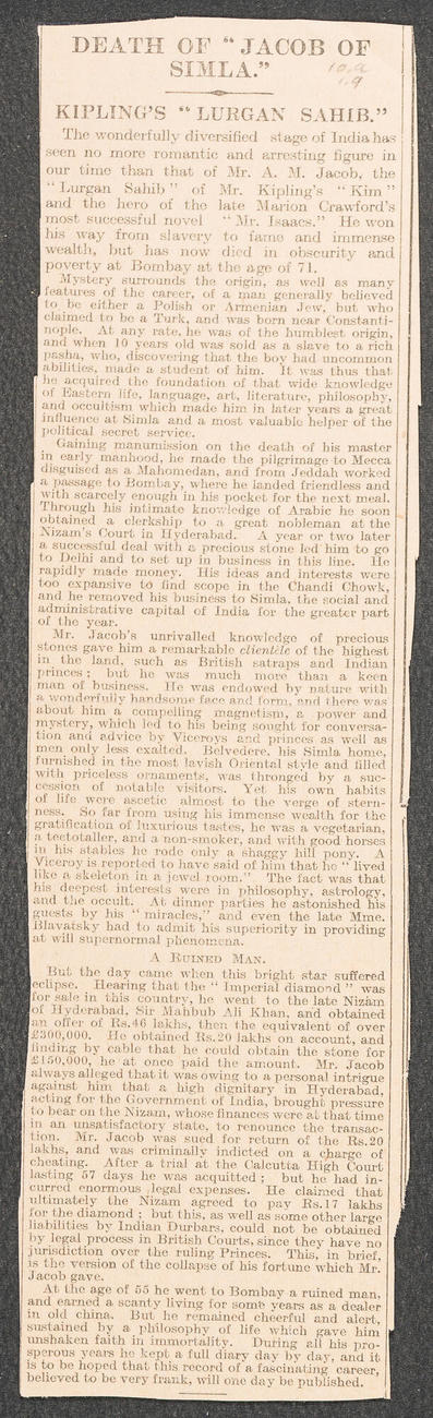 "Death of Jacob of Simla: Kipling’s Lurgan Sahib" Article | Isabella ...