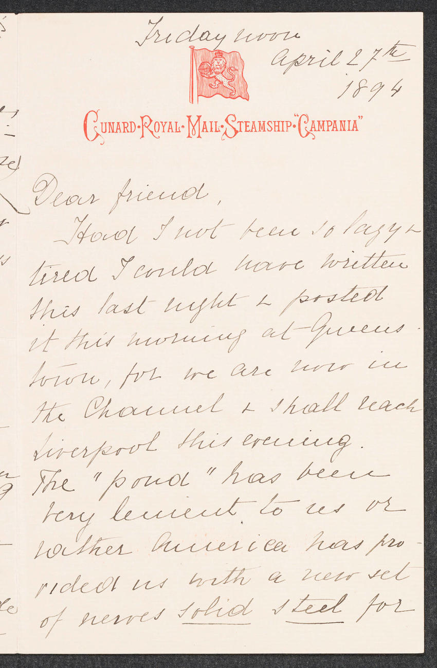 Letter to Isabella Stewart Gardner from the Atlantic Ocean | Isabella ...