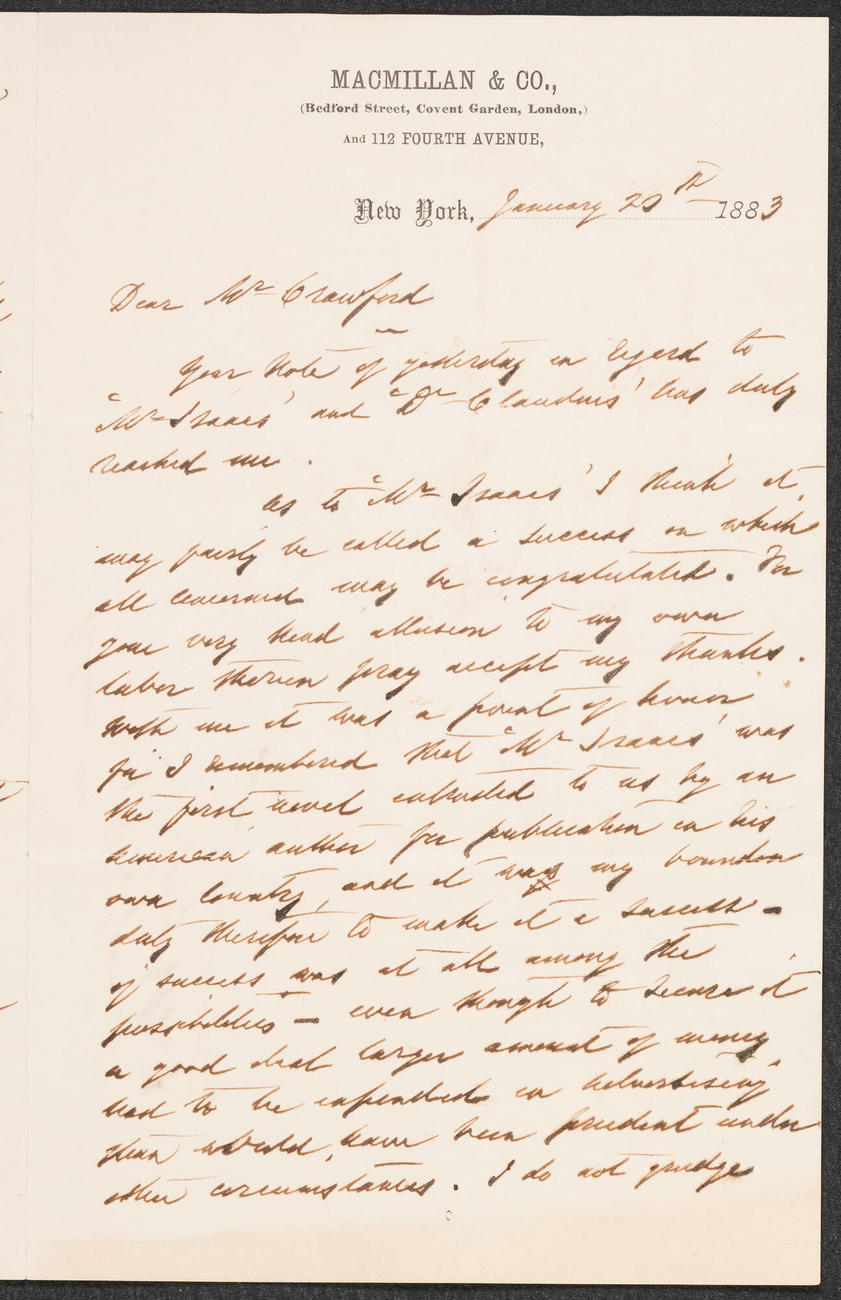 Letter to F. Marion Crawford from New York | Isabella Stewart Gardner ...