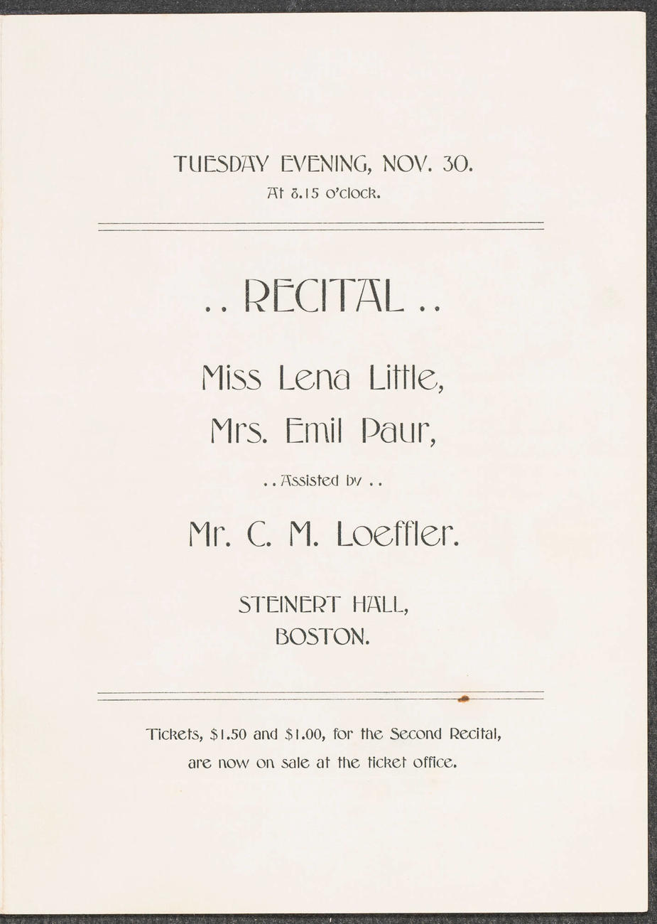 Recital Program, Steinert Hall, Boston | Isabella Stewart Gardner Museum